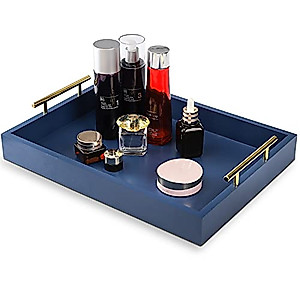 Fasmov Coffee Table Tray Decor, Wood Serving Tray Bathroom Vanity Tray, Decor Tray, Dresser Organizer Vanity Trays for Jewelry & Perfume with Gold Metal Handles