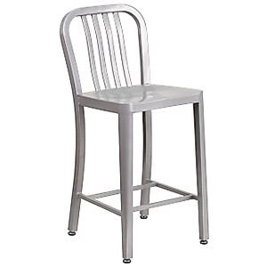 EMMA + OLIVER Commercial Grade 24" H Silver Metal Indoor-Outdoor Counter Stool w/Slat Back