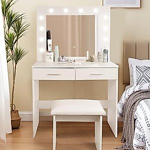 AKVOMBI White Vanity Desk with Lights, 31inch Makeup Vanity with Mirror and 2 Drawers, Vanity Table Set with Cushioned Stool for Bedroom (12 LED Lights)
