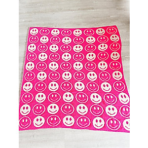 Happy Face Knitted Throw Blankets Reversible Soft Knit Blanket with Two-Toned Cute Pattern Bed Throws Fuzzy Kids Blanket Warm Cozy for Home Couch Sofa (Rosy)
