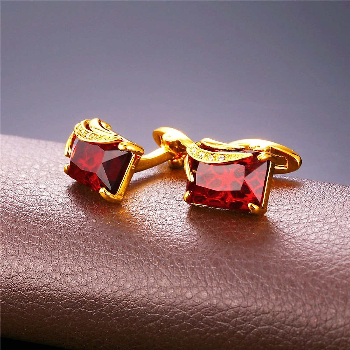 Ruby Shiny Crystal Cufflinks Elegant Style Women Men 18K Gold Plated Fancy Stone Cuff Links