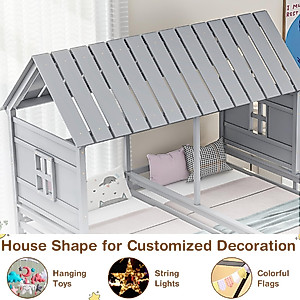 Harper & Bright Designs House Bed with 2 Twin Platform Beds for Kids,Wooden Double Twin Beds with Storage Drawers and Roof, 2 Beds in 1 Shared Beds for Girls or Boys,No Box Spring Needed,Grey