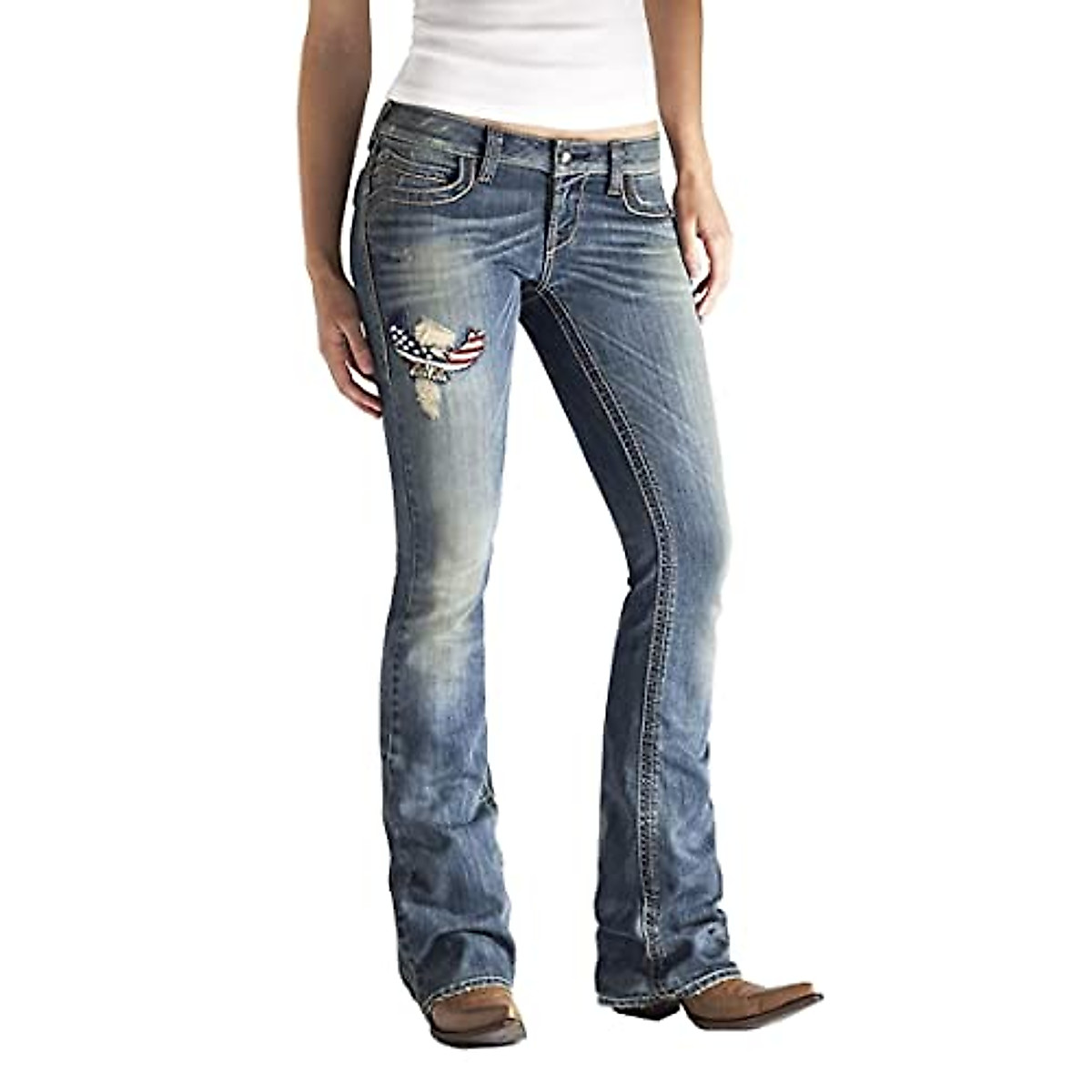 American Flag Eagle Pattern Mid Rise Bootcut Jeans for Women,07-Blue,Medium