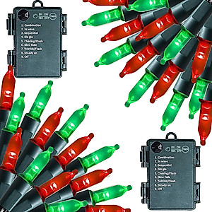 Dazzle Bright Battery Operated Christmas Lights, 2 Pack Total 32FT 100LED Clear Mini String Lights Waterproof with 8 Modes for Xmas Indoor Outdoor Yard Holiday Wedding Decorations (Red and Green)