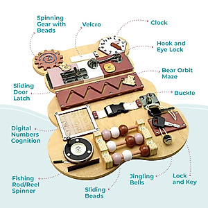 KIDDERY TOYS Busy Board for Toddlers - Activity Board Bear Shaped Montessori Toys for Kids - Sensory Stimulating Car & Airplane Travel Toys for Toddlers, Quiet Learning Activities for Autism