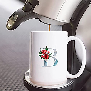 Yelolyio Watercolor Floral Monogram Coffee Mug, Alphabet Initial Letter B Coffee Cup, Monogram Mug Cup, 15oz