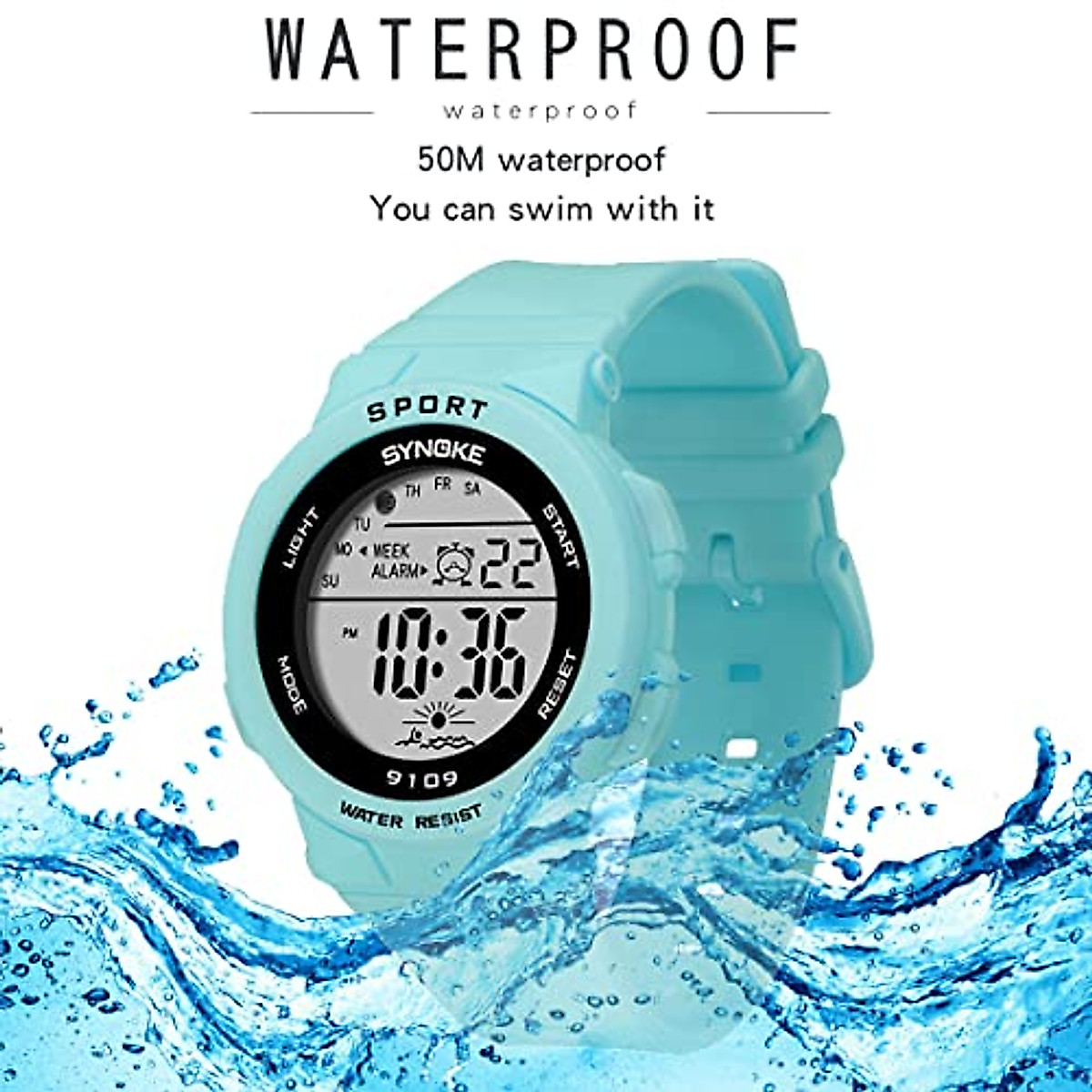 WISHFAN Sports Watch for Women, Women’s and Girls’ Watch Waterproof Digital Watch with 7 Colors Backlight (Turquoise)