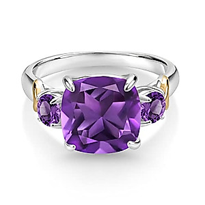 Gem Stone King 925 Silver and 10K Yellow Gold Purple Amethyst 3 Stone Ring For Women (3.50 Cttw, Gemstone February Birthstone, Cushion 10MM, Round 4MM, Available In Size 5, 6, 7, 8, 9)