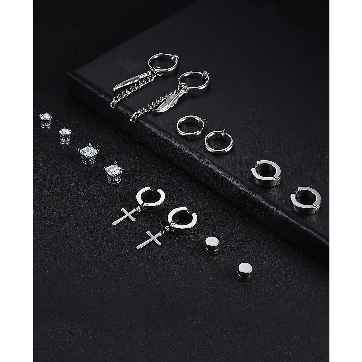 Ofeiyaa 7 Pairs Magnetic Stud Earring Stainless Steel CZ Clip On Earring Non- Piercing Huggie Chain Pendant Earring Feather Hinged Hoop Earrings Set For Women Men Silver Tone.