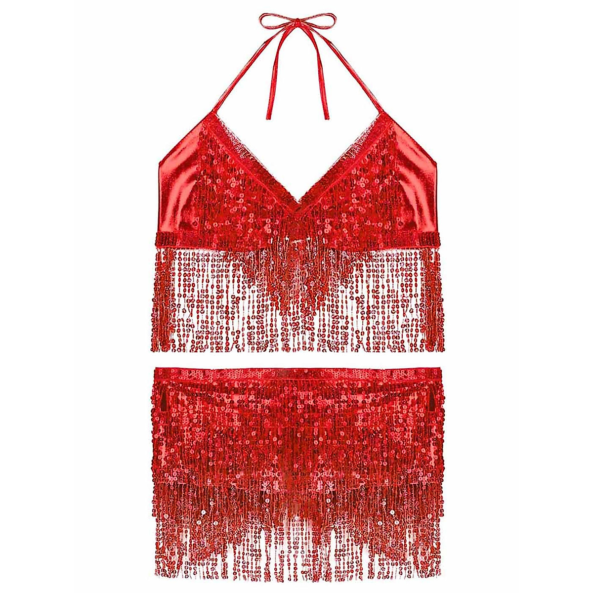 Kakaco Belly Dance Skirt with Crop Top Sequins Fringe Skirts Set Rave Dance Bra Top Party Costume Outfits for Women and Girls (A-Red)