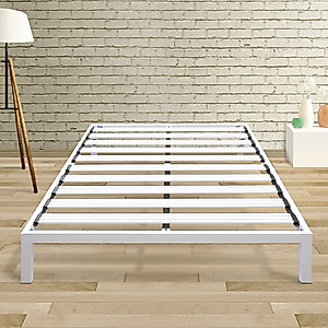 Mellow Rocky Base C 14" Platform Bed Heavy Duty Steel White, w/ Patented Wide Steel Slats (No Box Spring Needed) - Queen