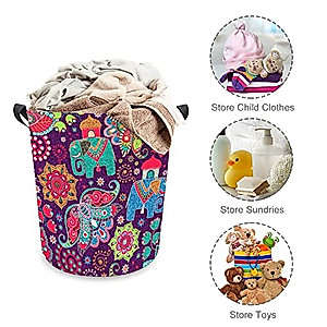 Colorful Flower Elephant Waterproof Laundry Baskets Bohemia Collapsible Laundry Hamper with Handles Large Round Toy Bin for Dirty Clothes,Kids Toys,Bedroom,Bathroom