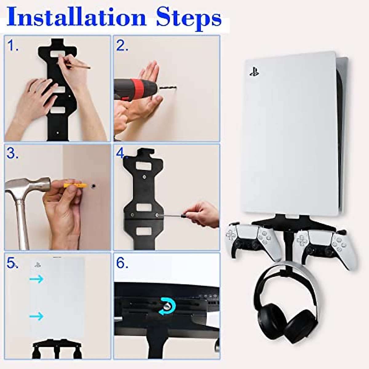 PS5 Wall Mount, Wall Bracket for Playstation 5 (Disc and Digital Edition) with Detachable Controller Holder & Headphone Hanger, Stealth Mount for PS5, Black