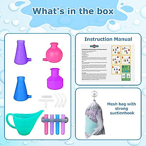 Bath Toys for Kids Ages 4-8, Silicone Bathtub Toys with Mesh Bag, Possess 3 Unique Color Changing, Includes 4 Beaker, Test Tube and Inspiration Cards, Perfect STEM Gift for Toddlers, Boys & Girls