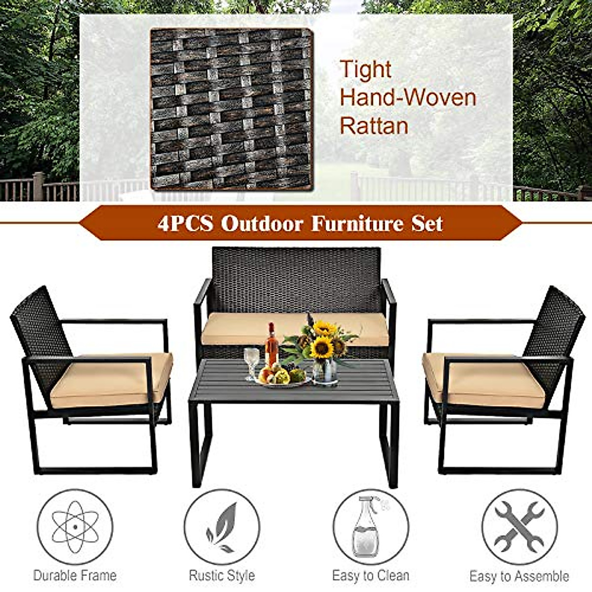 Tangkula 4-Piece Patio Rattan Furniture Set, Outdoor Conversation Set w/Seat Cushions & Coffee Table, Sturdy Metal Frame, Sectional Wicker Sofa Set for Garden, Backyard, Poolside (1, Light Brown)