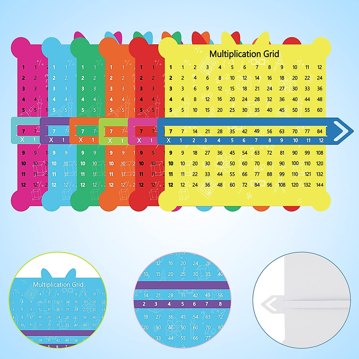 Outus 12 Pieces Multiplication Grid Slidable Education Multiplication Tables with Viewer Window for Classroom Teacher Supplies Elementary School Students and Homeschooling (Multicolor)