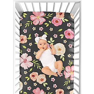 Sweet Jojo Designs Black and Blush Pink Baby or Toddler Fitted Crib Sheet for Watercolor Floral Collection - Rose Flower