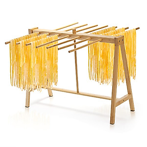 Pumtus Bamboo Pasta Drying Rack, Noodle Dryer Stand with Transfer Wand and 14 Bars, Stable Household Spaghetti Hanger, Lasagna Noodle Drying Rack for Kitchen and Cooking