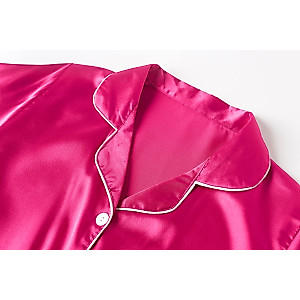 Hupohoi Girls Satin Pajamas Dress Button Down Silky Sleepwear Nightgown Short Sleeve Nightshirt Dresses, Rose, 12