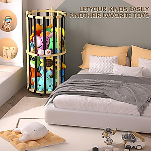 Stuffed Animal Organizer, Toy Organizer Cage with Wider Elastic Band for Small Medium Large Plush Holder, Round Wooden Storage Bins for Boys Girls, Nursery Play Room