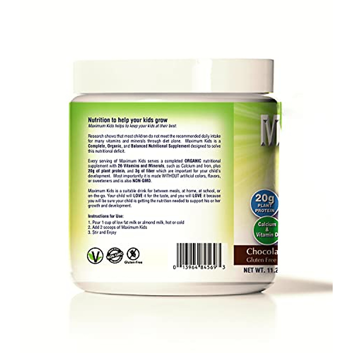 Maximum Kids Complete Organic Powder Mix. Great Tasting, Easy to use, Complete Nutritional Drink with 26 Vitamins and Minerals, 20g of Plant Protein, 3g of Fiber. Kid Tested. Parents Approved.