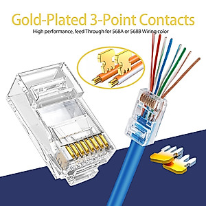 PETECHTOOL Cat6 RJ45 Connectors Pass Through Cat6 Cat5 Ethernet Connector 100-Pack with Wire Stripper for Solid or Stranded UTP Ethernet Cable