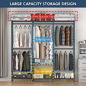 68 inch Heavy Duty Portable Closet Wardrobe Closet with Cover Large Storage Clothes Rack for Hanging Clothes Metal Armoire Wardrobe Closet Shelves Freestanding Clothing Racks for Bedroom Gray 660 LBS