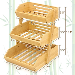 Mxbamhyc Bamboo Fruit Basket,3-Tier Fruit Bowl for Kitchen Counter, Large Capacity Vegetable Storage Holder,15 mm Thickness