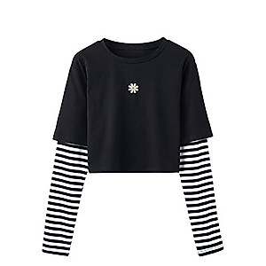 SweatyRocks Women's Color Block Butterfly Print Striped Long Sleeve Crop Top T Shirt Floral Black White S