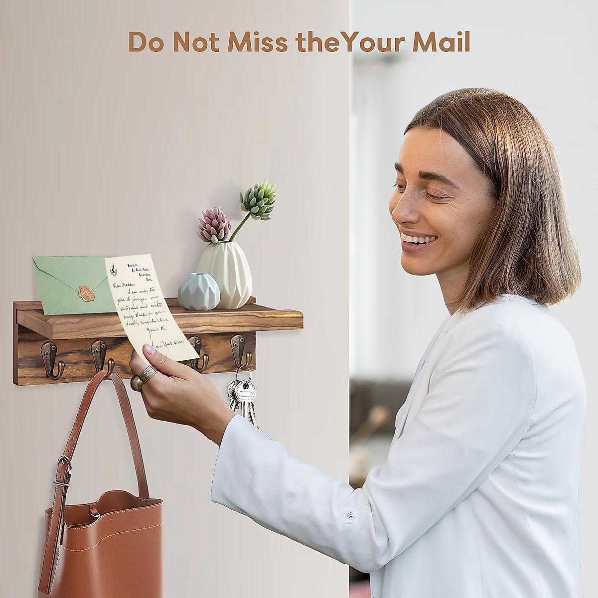 ZUXEFO Key and Mail Holder Wall Mounted (5 Hooks, Small), Wooden Wall Hanging Key Holder with Shelf, Rustic Entryway Rack Organizer for Key Mail Dog Leash Bag Coat - by YHYZ