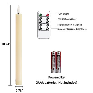 Vtobay Flameless Taper Candles with Remote Timer,Set of 2 Ivory Flickering LED Candlesticks,Battery Operated Window Plastic Warm Fire Candles for Indoor Outdoor Decor,(No Scent, 0.78” x 10.24”)
