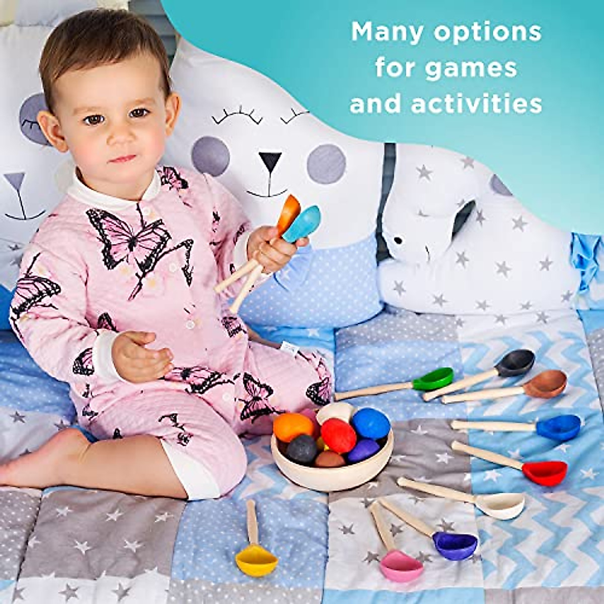Ulanik Eggs and Spoons Toddler Montessori Toys for 1 Year Old + Kids Wooden Eggs Baby Matching Game for Learning Color Sorting and Counting — 12 pcs, 1.8 in