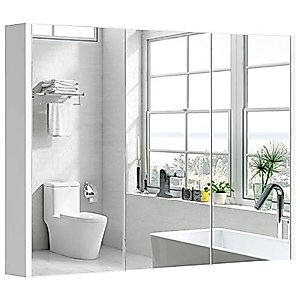 Tangkula Bathroom Medicine Cabinet with 3 Mirror Doors, Wall Mount Wide Mirrored Cabinet with Adjustable Shelf, Triple Mirrored Doors Storage Cabinet for Bathroom Living Room, 36 x 4.5 x 25.5 Inches