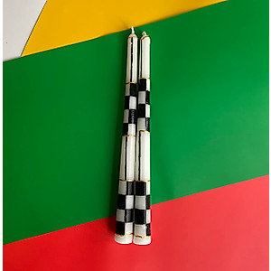 0 Handmade Decorative Hand Painted Taper Candles, 2 Pack | Checkered Black & White | for Dinner Table and Interior Decoration