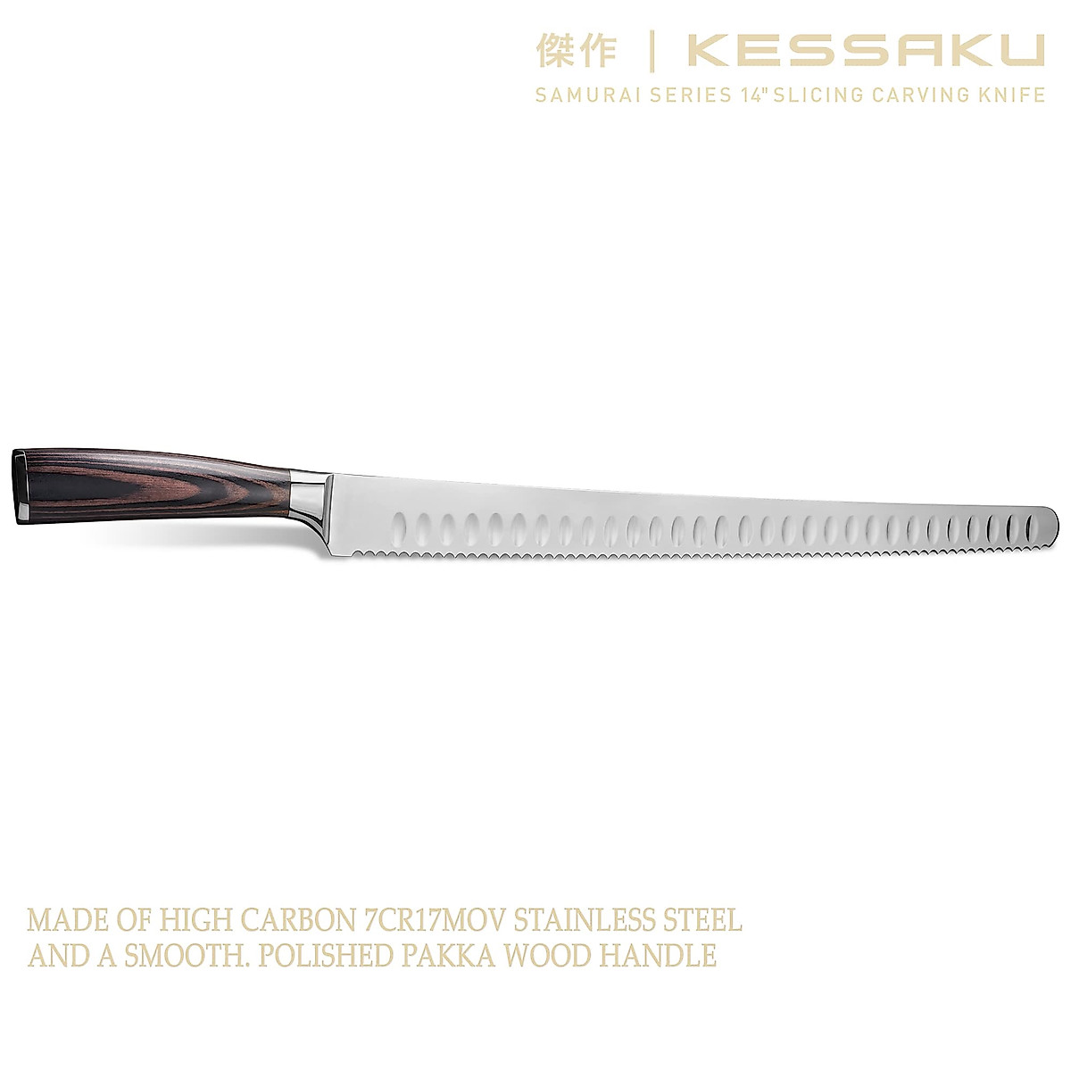 KESSAKU 14-Inch Slicing Carving Knife - Samurai Series - Serrated Granton Edge - Forged High Carbon 7Cr17MoV Stainless Steel - Pakkawood Handle with Blade Guard