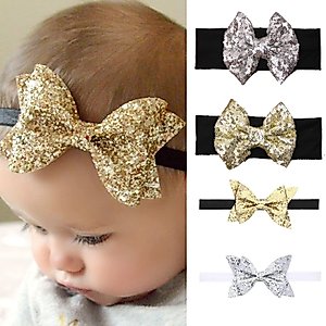 CheeseandU 4Pack Baby Girl Sparkling Hair Accessories Black Gold Sequin Bow Baby Girl Headbands Elastic Gold Silver Infant Baby Headbands Birthday New Year Party Headwear Set