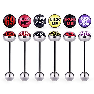 COTTVOTT Novelty Letter Stainless Steel Tongue Rings Body Piercing Jewelry Barbells(12pcs mix)