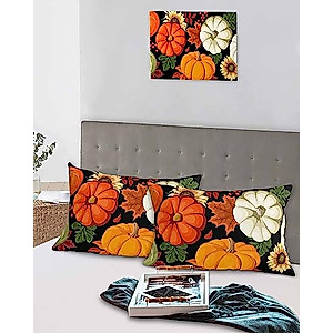 Edwiinsa Thanksgiving Pillow Covers King Standard Set of 2 Bed Pillow, Farmhouse Black Pumpkin Maple Leaves Plush Soft Comfort for Hair/Skin Cooling Pillowcases with Envelop Closure 20''x36''