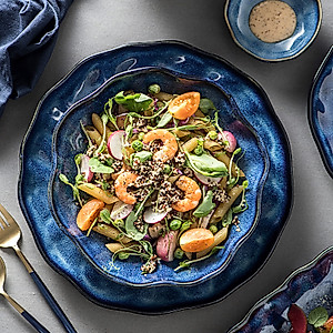 Ceramic Bowls Set for Pasta, Salad, Cereal, Dessert - 8 Inch Wide and Shallow Soup Plates, Serving Dishes Set of 4 Microwave, Dishwasher Safe, Blue