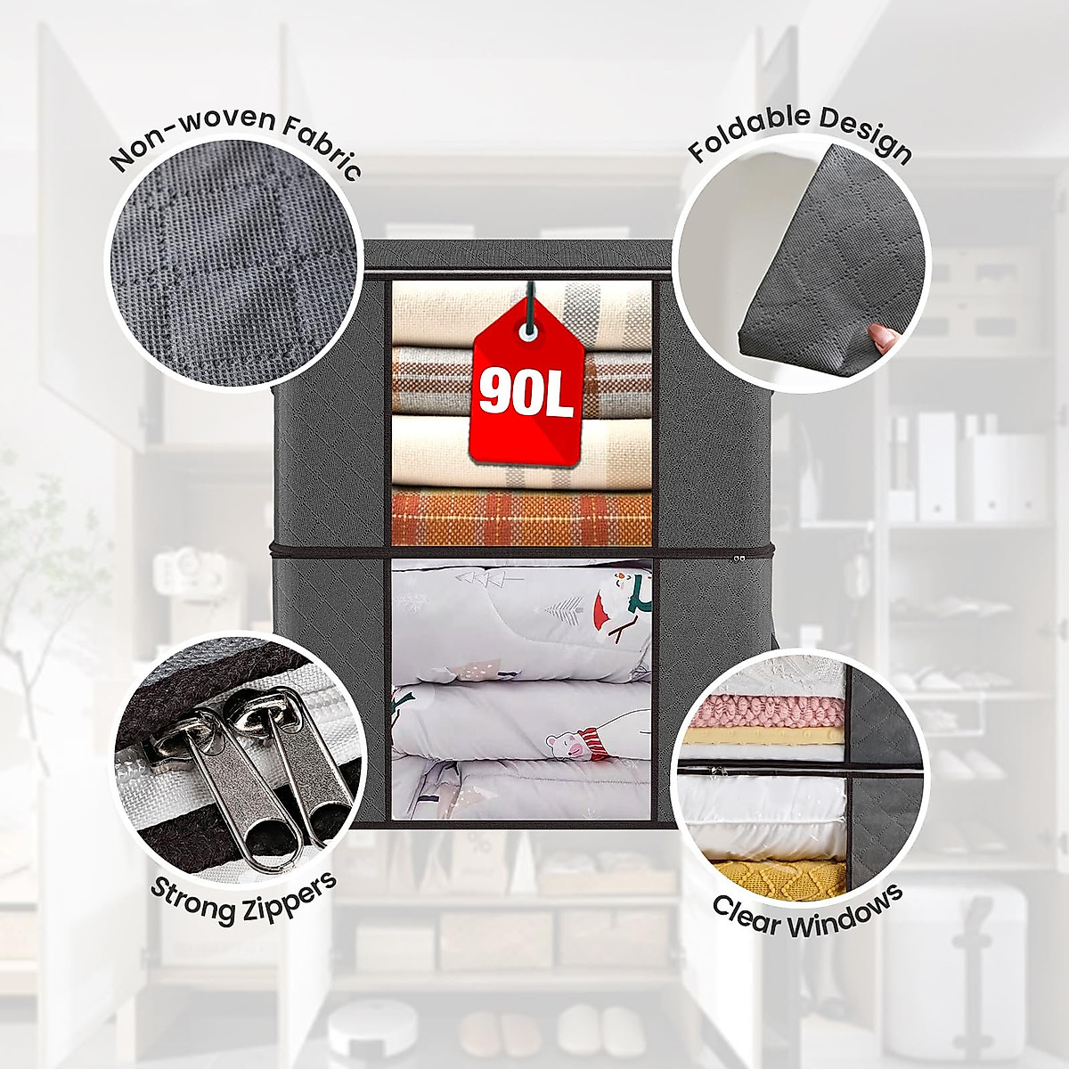 Joymeezo 90L Grey Large Storage Bags, 6 Pack Foldable Closet Organizers Linen Storage Containers with Zippers and Durable Handle for Clothing, Blanket, Comforters, Pillows, Sweaters and Toys