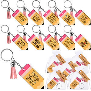 Bucherry 50 Sets Teacher Pencil Keychains Teacher Appreciation Gifts Bulk Acrylic Pencil Shaped Keychain with Tassel Organza Bags for School Women Men Teachers Gifts