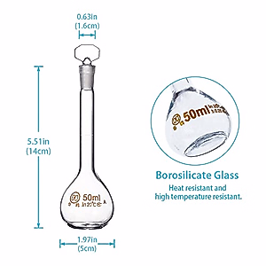50ml Volumetric Flask with Ground Glass Stopper, Class A, 3.3 Borosilicate Glass with White Graduation, HUAOU, Pack of 2