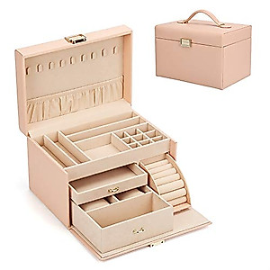 FEISCON Jewelry Box Organizer Watch Case Large Jewelry Holder Eyeglass Sunglasses Storage Box Leather Display Case Earring Organizer/Pink