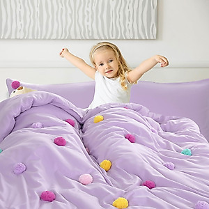 HOMBYS Pom Poms Bedding Comforter Set for Girls, 5 Piece Purple Boho Kids Comforter Set for All Season，Twin/Twin XL Size