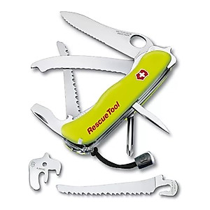 Victorinox Rescue Tool with Nylon Pouch Swiss Army Knife, 13 Functions, Swiss Made Pocket Knife with Seatbelt Cutter and Glass Saw - Fluorescent Yellow