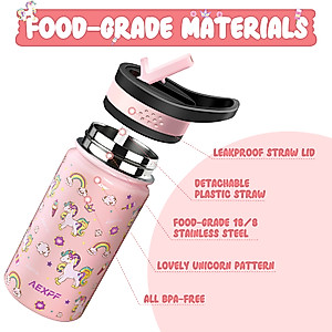 AEXPF Insulated Kids Water Bottle with Sleeve, 14 oz Double Wall Vacuum Stainless Steel Leakproof Thermos Water Bottle, Unicorn Pattern and Mermaid Pattern