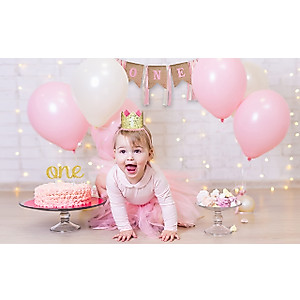 Baby Girl First Birthday Decorations - 1st Birthday Girl Decoration Pink Gold Party Supplies - Happy First Birthday Banner, Number 1 Balloon and Crown, Balloon Arch, High Chair Banner, ONE Cake Topper