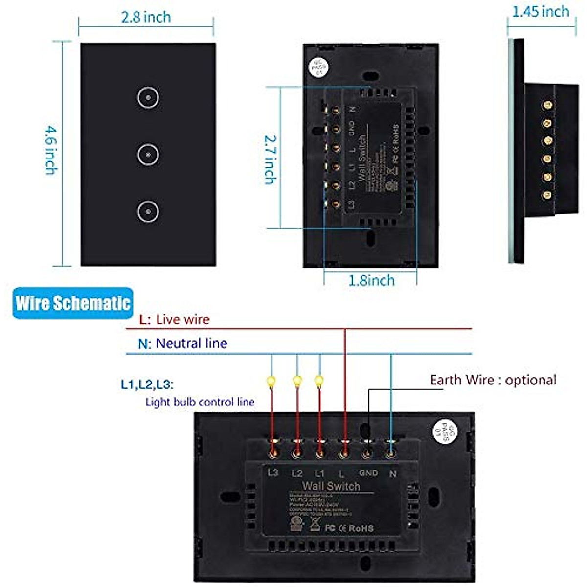 WiFi Light Switch, smart touch wall light switch, easy to install, App Remote Control Timer Switch，Voice Control，Set schedule timer，compatible with Amazon Alexa and Google Assistant