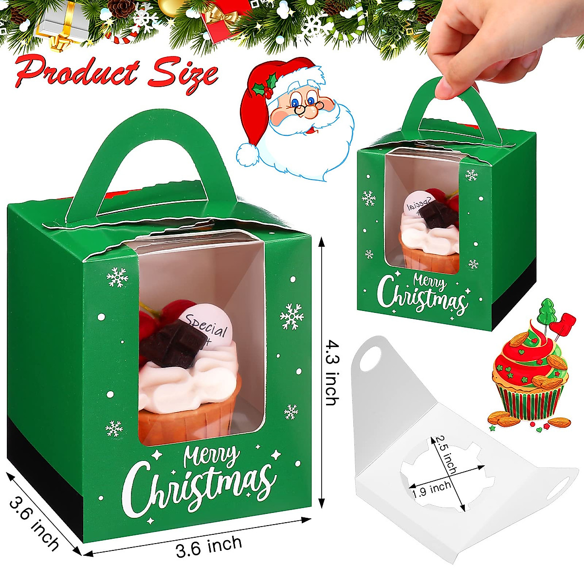 24 Pcs Christmas Cupcake Boxes Christmas Cookie Boxes with Window Insert Handle Christmas Muffin Pastry Holder Boxes Xmas Cupcake Gift Box Bakery Treat Boxes for Christmas Party (Snowman)