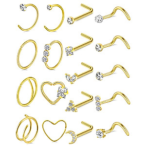 ONESING 18 PCS 20G Gold Nose Rings for Women Surgical Stainless Steel Nose Piercings Jewelry Nose Rings Hoops L Shape Nose Studs Nose Jewelry Screw Helix Earrings for Women Me